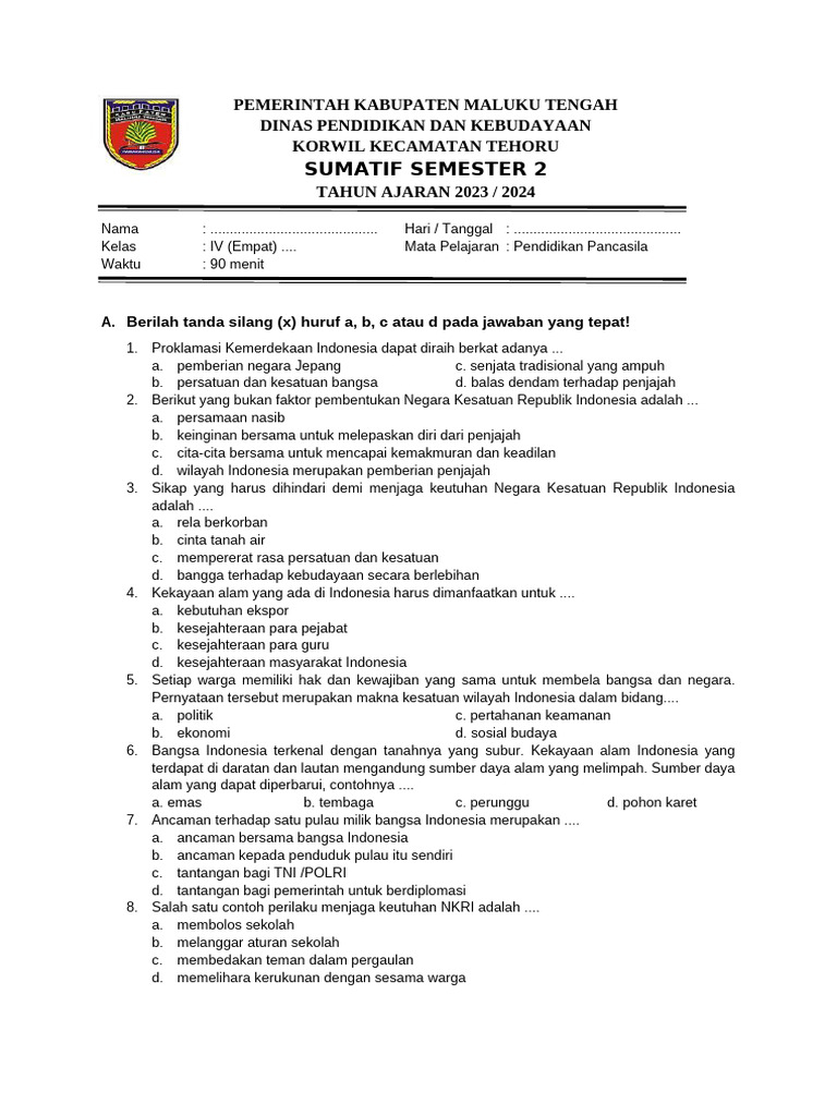 SOAL SUMATIF PKn KLS 4 S.2 | PDF