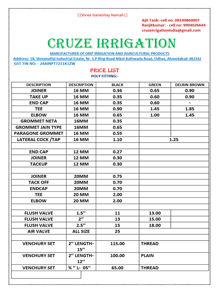 Cruze Irrigation Price List | PDF | Water | Hydraulic Engineering