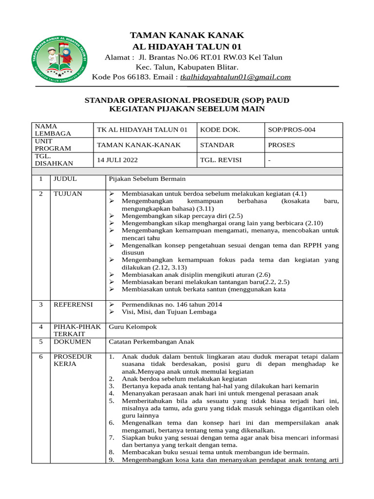 Sop Paud Kegiatan Pijakan Sebelum Main | PDF | Karier & Perkembangan ...