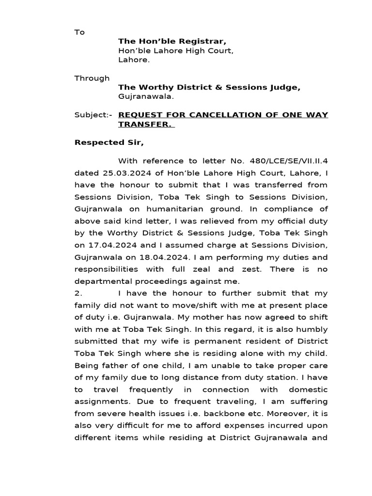 Oneway Transfer Application of Rana Ali Naib Qasid | PDF | Separation Of Powers | Common Law