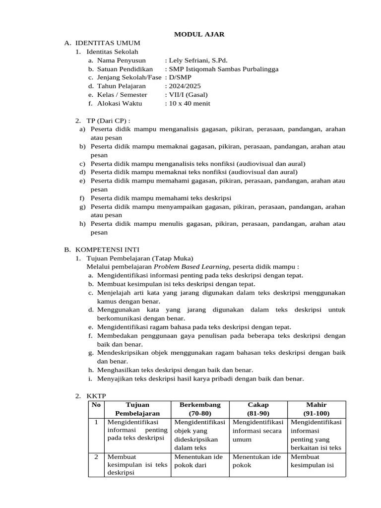 6.modul Ajar Teks Deskripsi | PDF | Seni & Disiplin Bahasa
