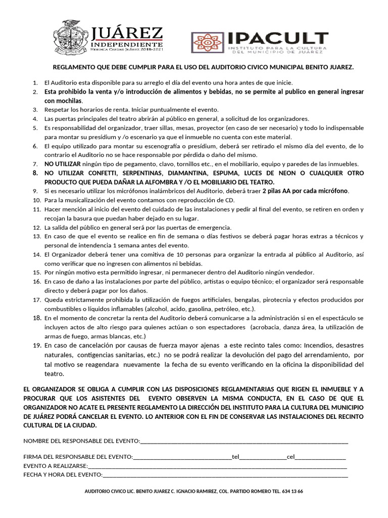 Reglamento Auditorio Benito Juarez 1 | PDF