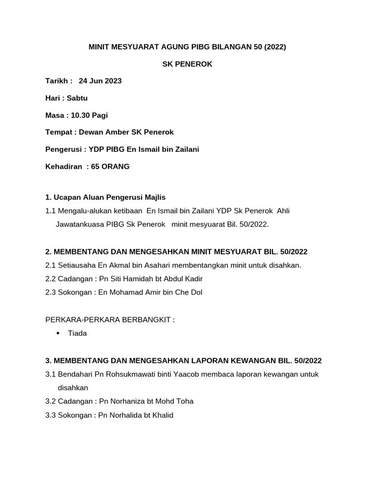 Minit Mesyuarat Agung Pibg 51-2023 | PDF
