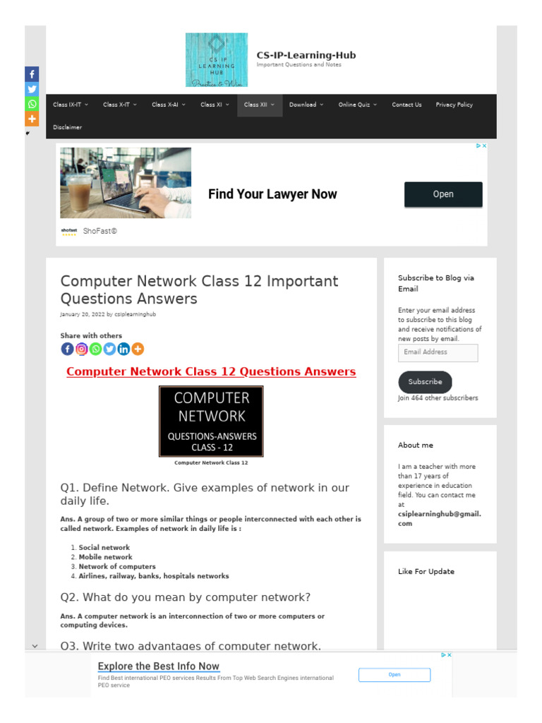 Computer Network Class 12 Questions Answer | PDF