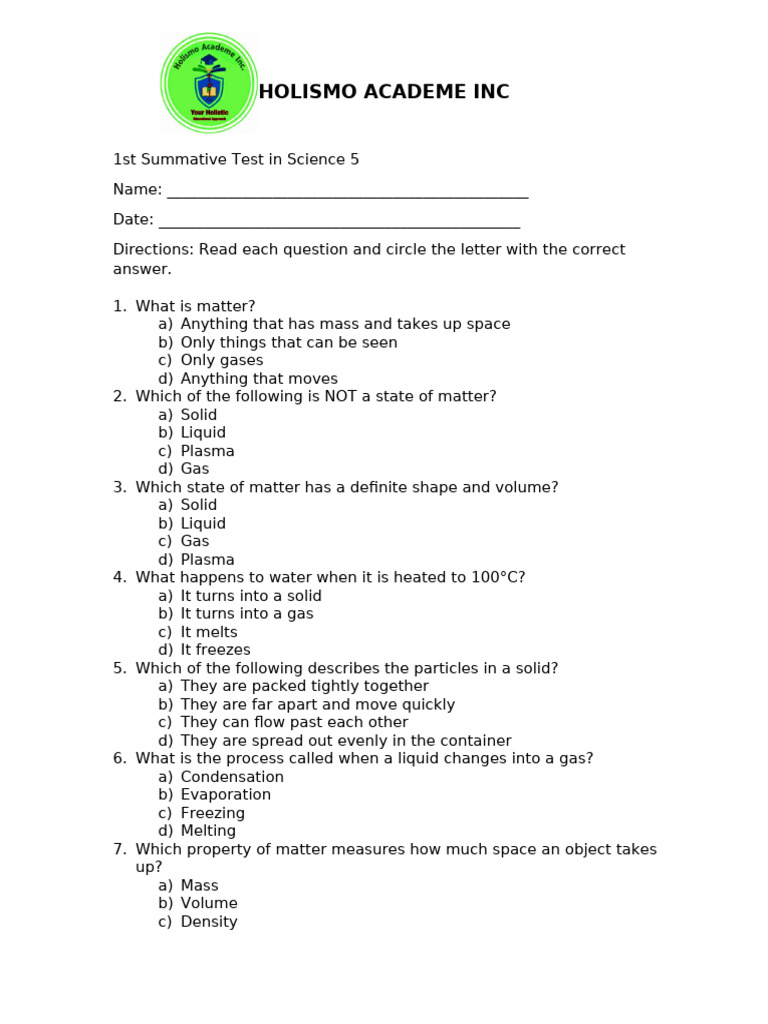 Summative Test in Science 5 | PDF