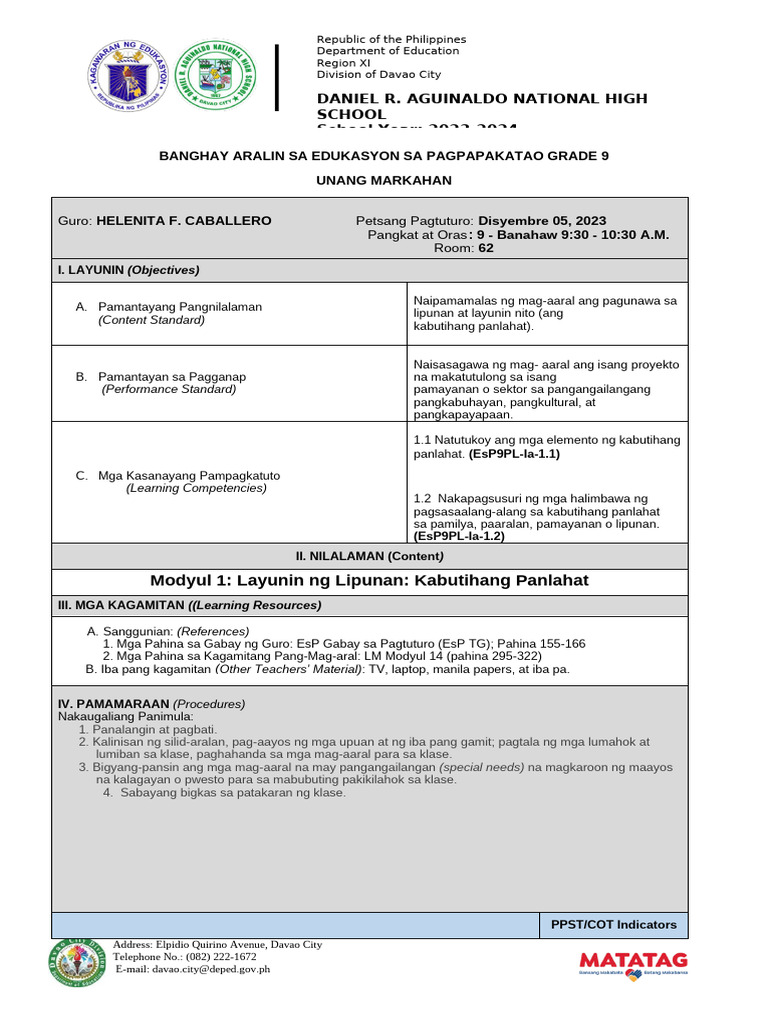 Daily-Lesson-Log-Esp9-Q1 WK1 | PDF