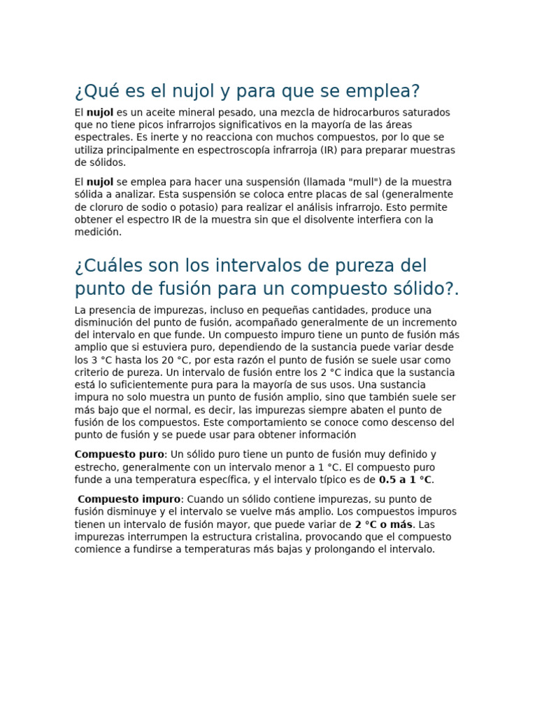 Uso y propiedades del Nujol en química | PDF | Punto de fusion | Salud ...