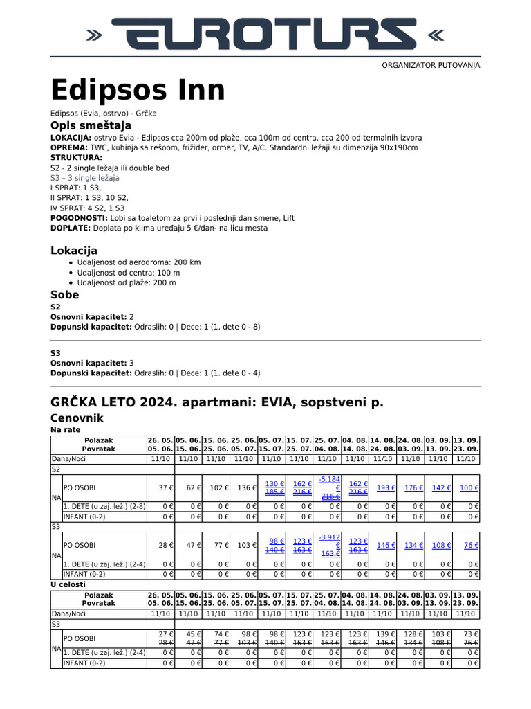 Edipsos Inn Program Putovanja EUROTURS | PDF