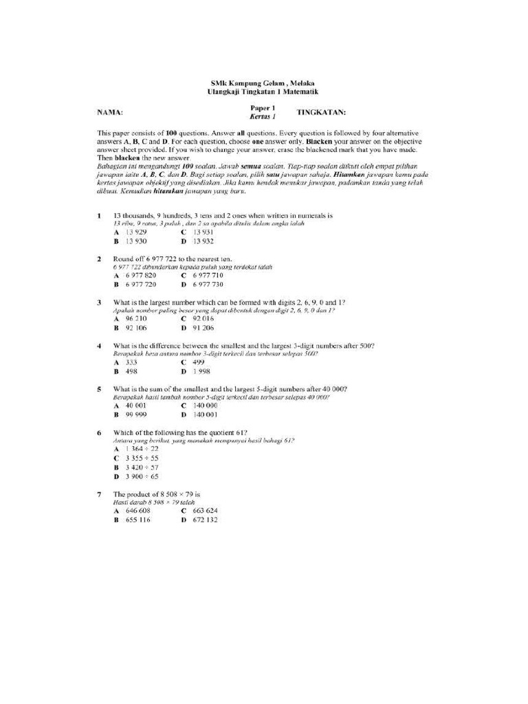 Latihan Math Ting 1 | PDF