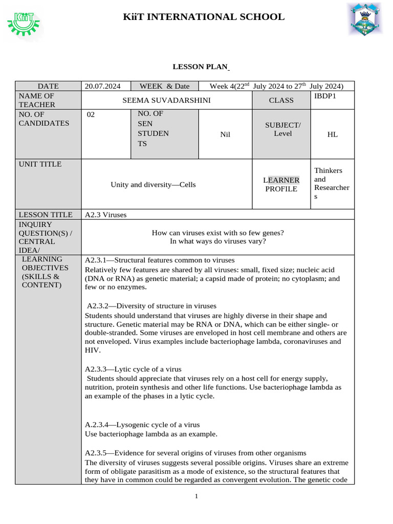 JULY WEEK 4 Lesson Plan Viruses | PDF