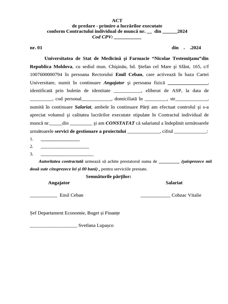 ACT de Primire Predare Model | PDF