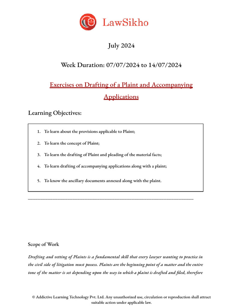 Weekly Exercises on Drafting of a Plaint and Accompanying Applications ...