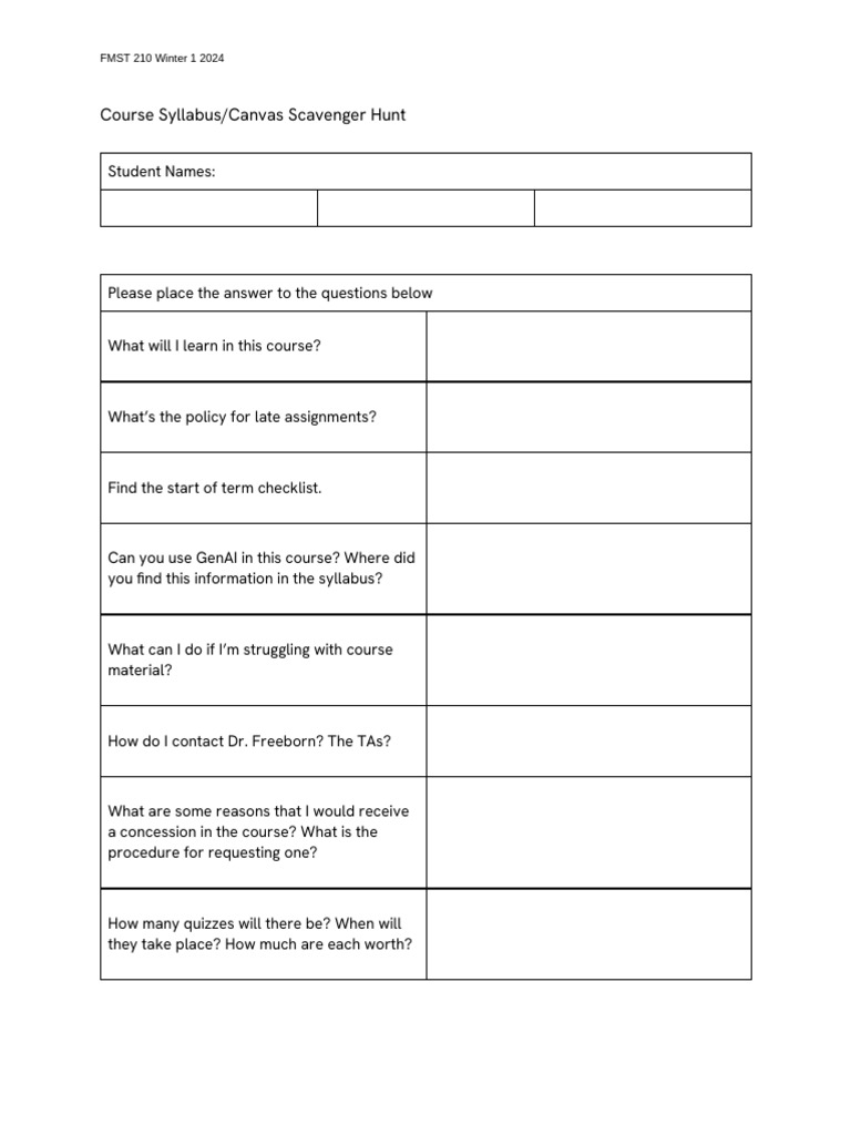 Course Syllabus Scavenger Hunt FMST 210 W12024 | PDF