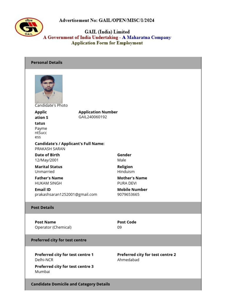 GAIL Operator Application Details | PDF