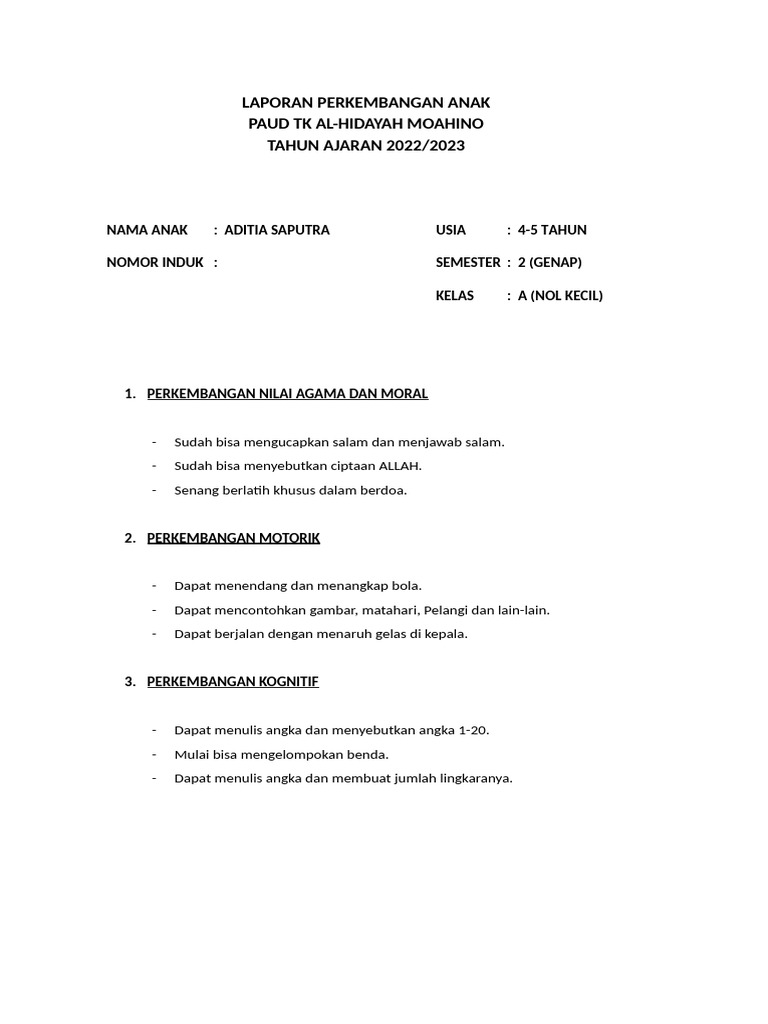 Laporan Perkembangan Anak | PDF