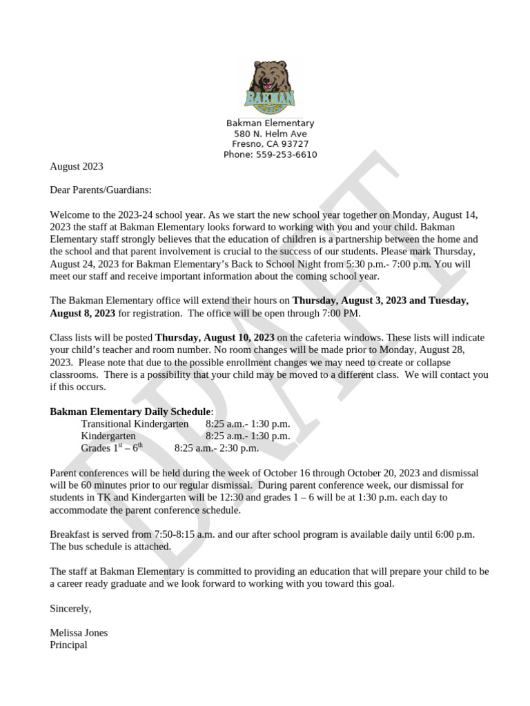 Welcome Back Letter Bakman 23 24 With ESP HM 002 2 | PDF