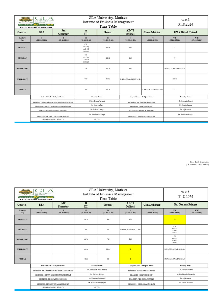 2nd Year Time Table W.E.F. 2-9-2024 | PDF | Business | Economies