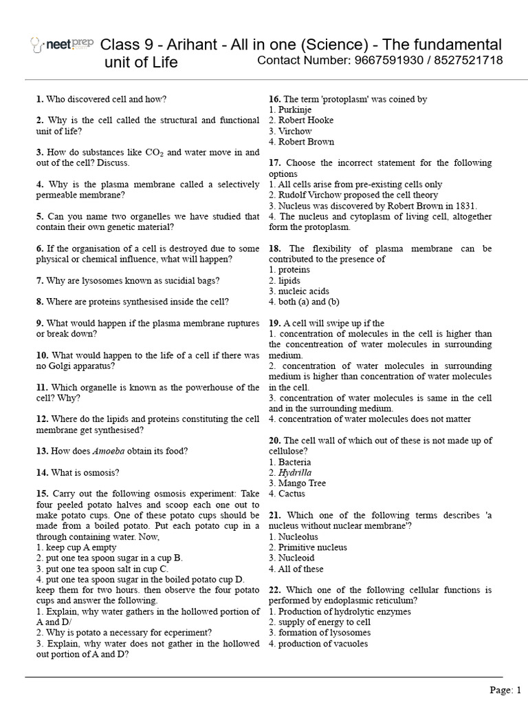 Class 9 - Arihant - All in One (Science) - The Fundamental Unit of Life ...
