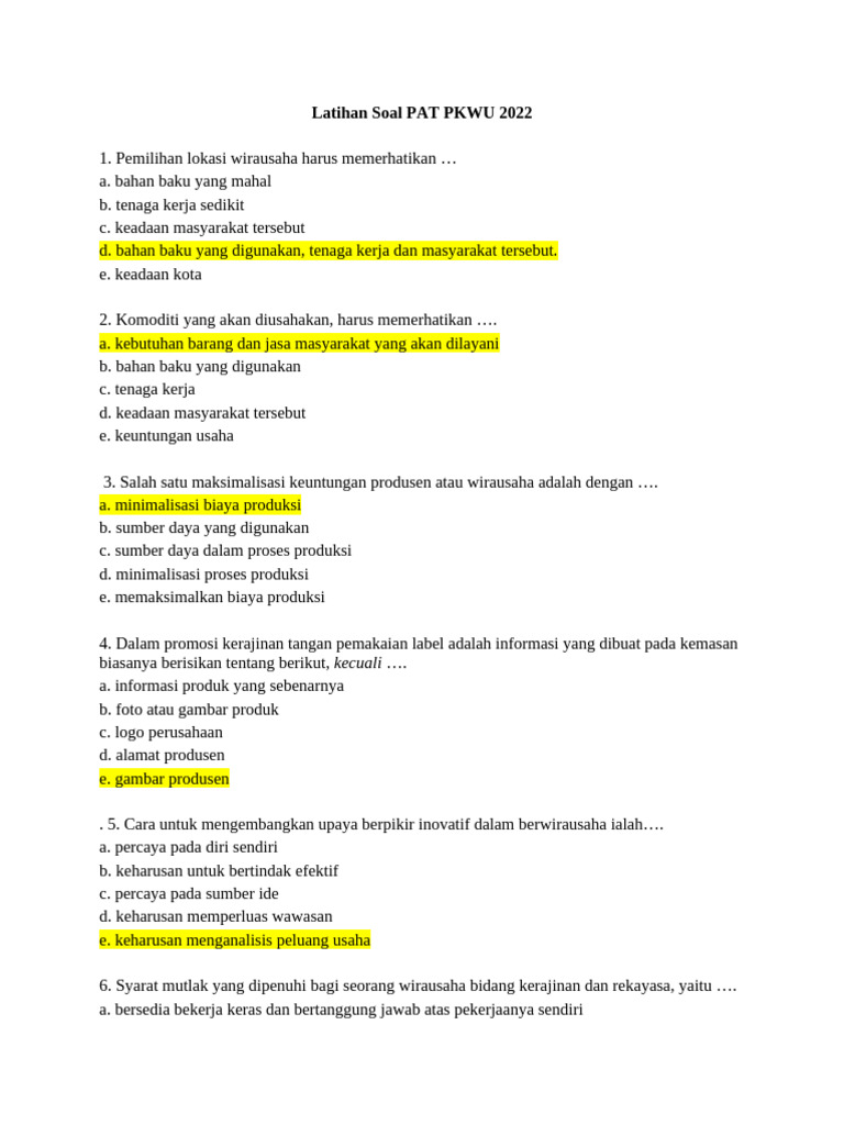 Niks Latihan Soal PAT PKWU 2022 | PDF