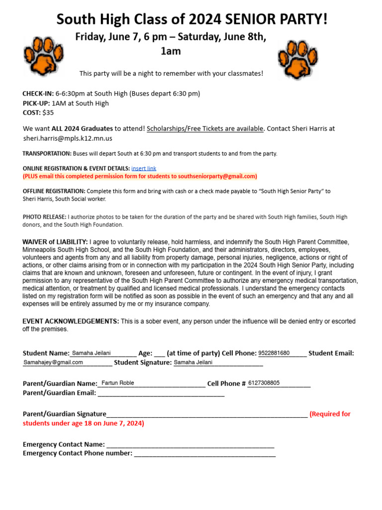 2024 Senior Party Waiver and Permission Slip | PDF