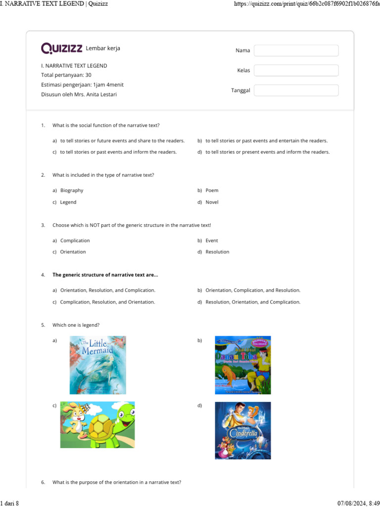 I. NARRATIVE TEXT LEGEND - Quizizz EDIT | PDF