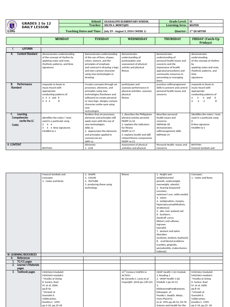 DLL - MAPEH 6 - Q1 - W1 Ok | PDF