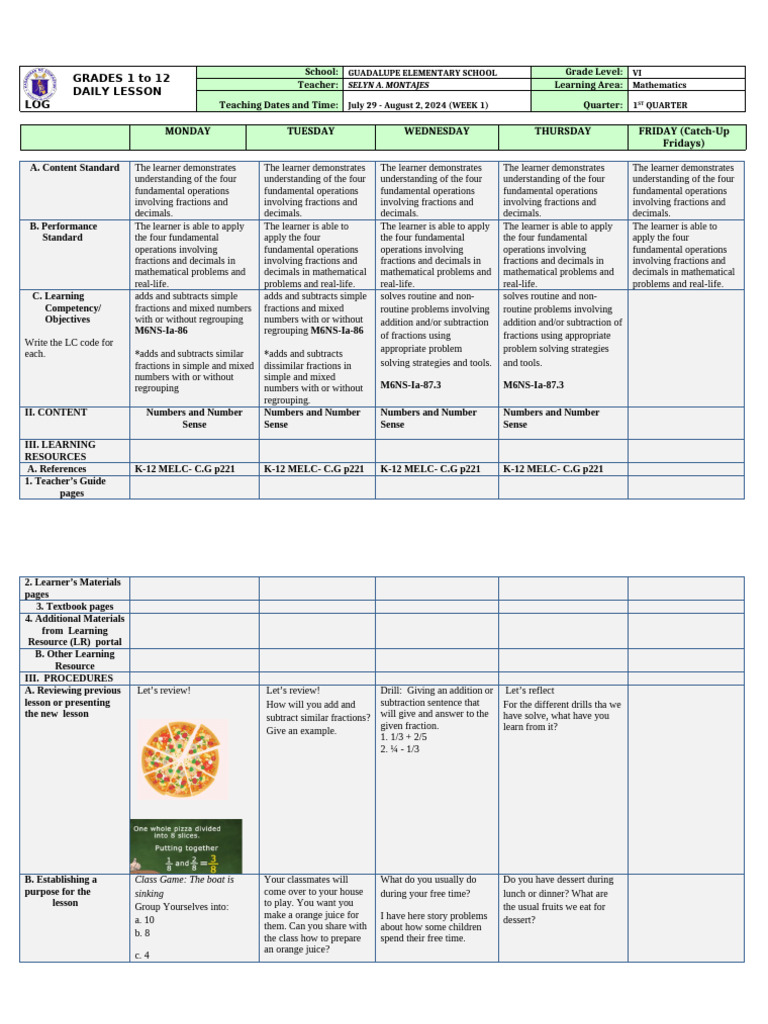 DLL - Math 6 - Q1 - W1 Ok | PDF