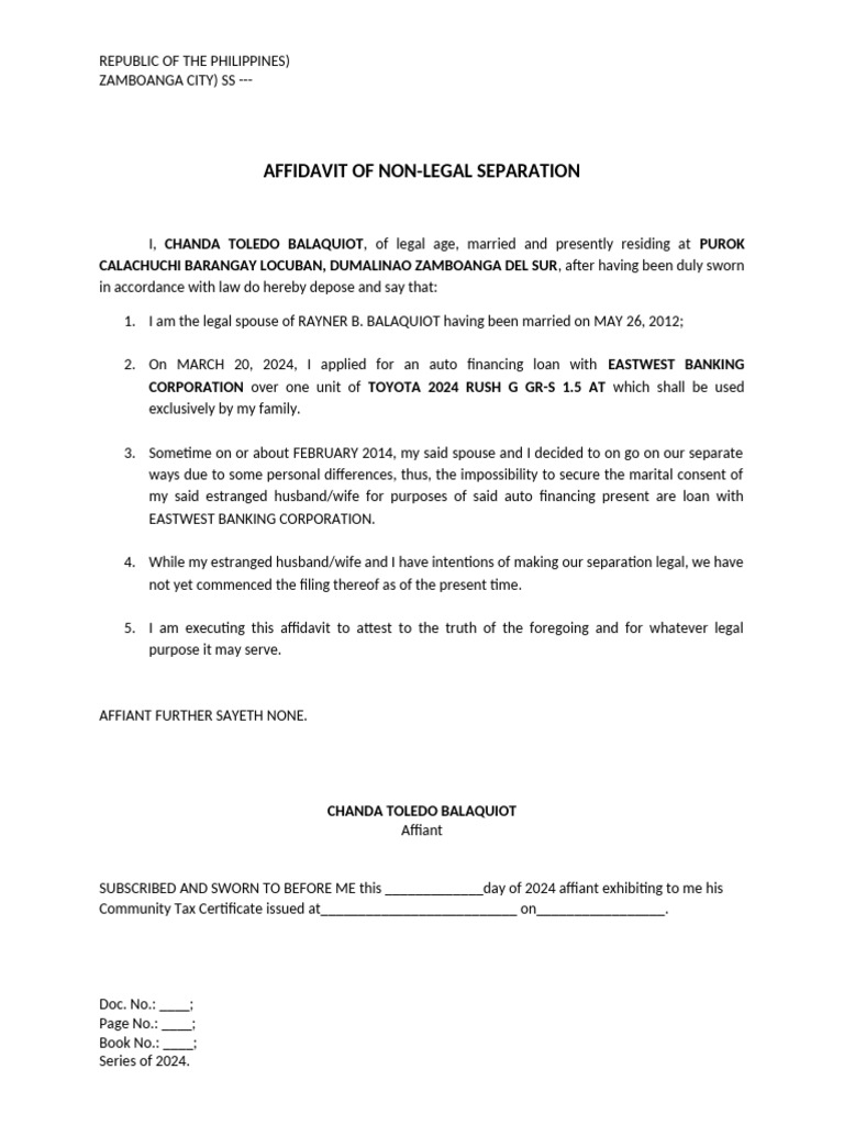 Affidavit of Non Legal Separation | PDF
