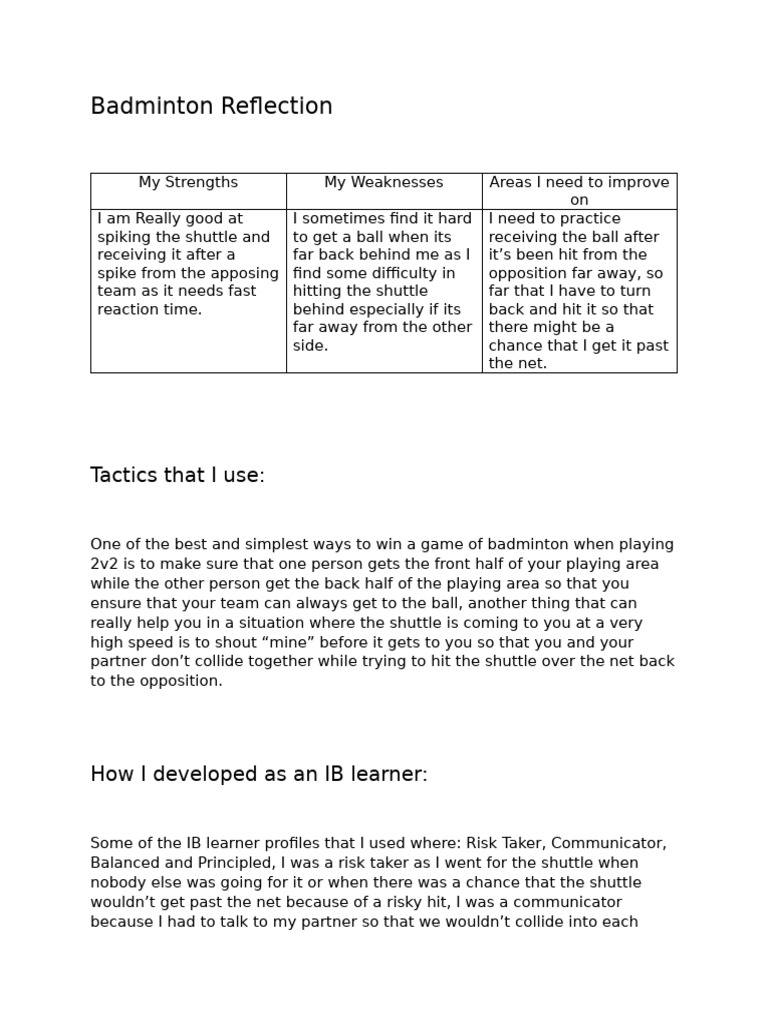 Badminton Reflection 7B | PDF