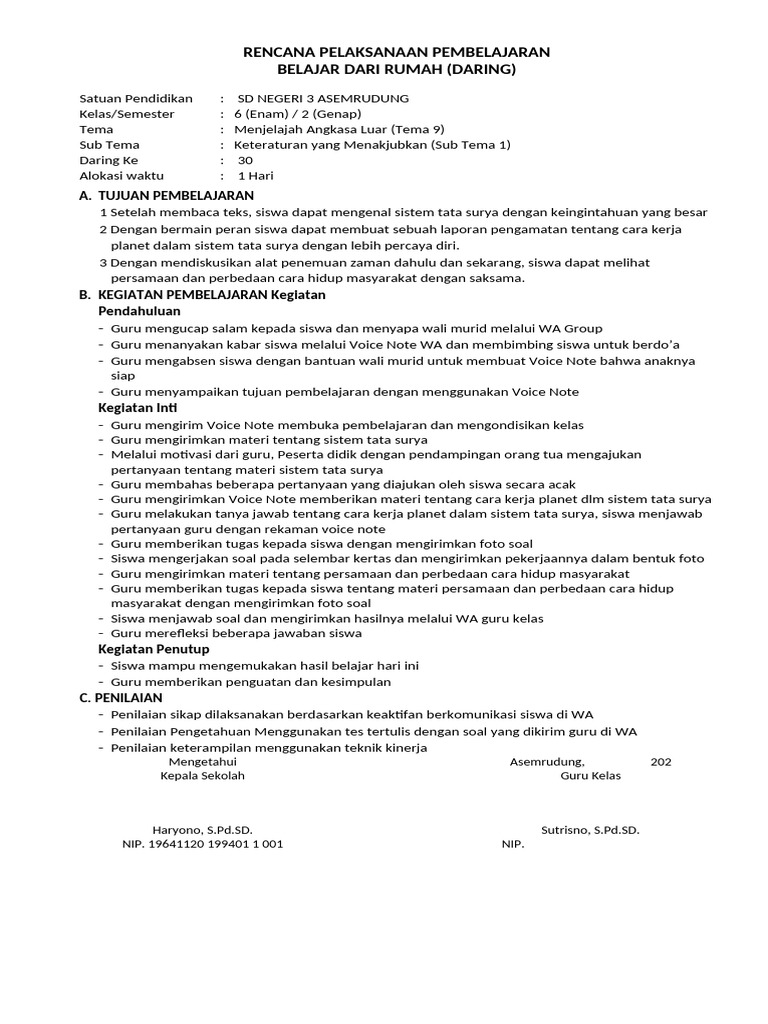 RPP Daring Kelas 6 Tema 9 | PDF