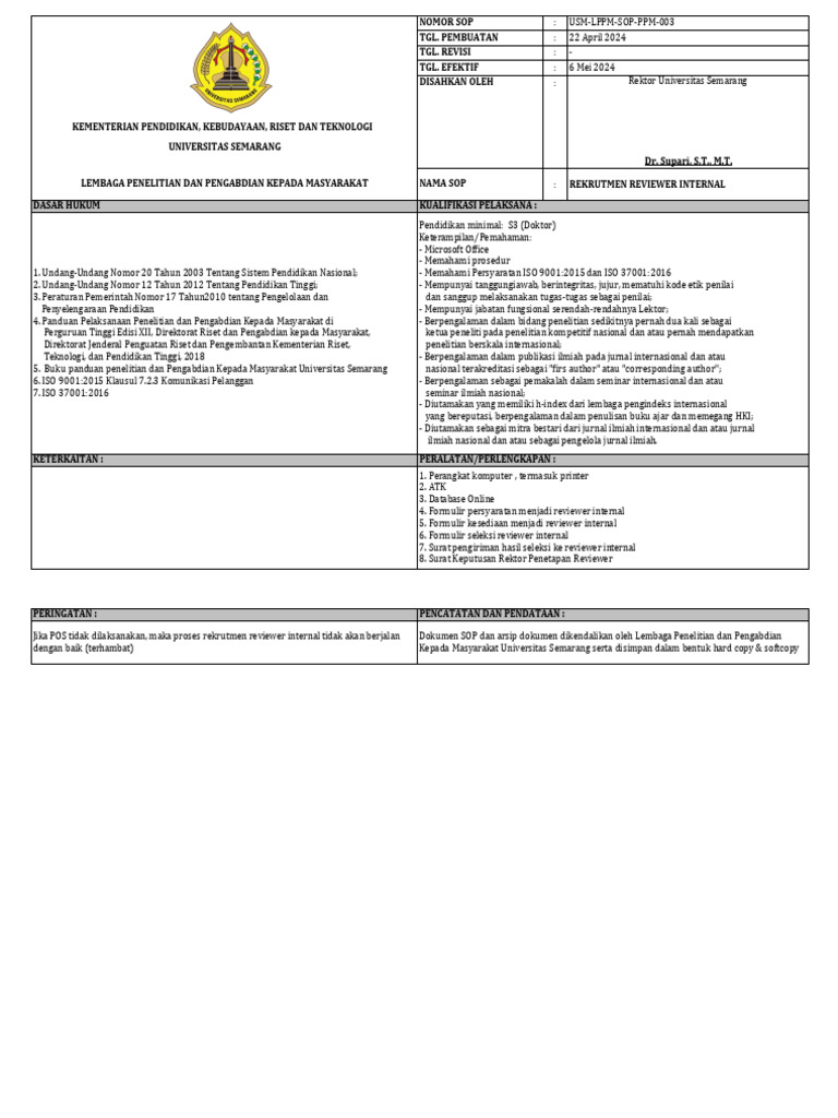 USM LPPM SOP PPM 003 SOP Rekrutmen Reviewer Internal | PDF