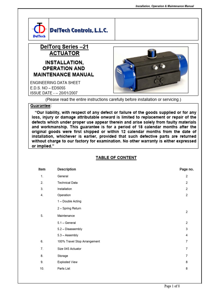 DelTorq Pneumatic Actuator Installation Manual | PDF