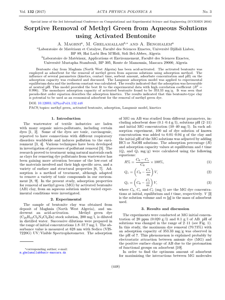 Sorption of Methyl Green | PDF