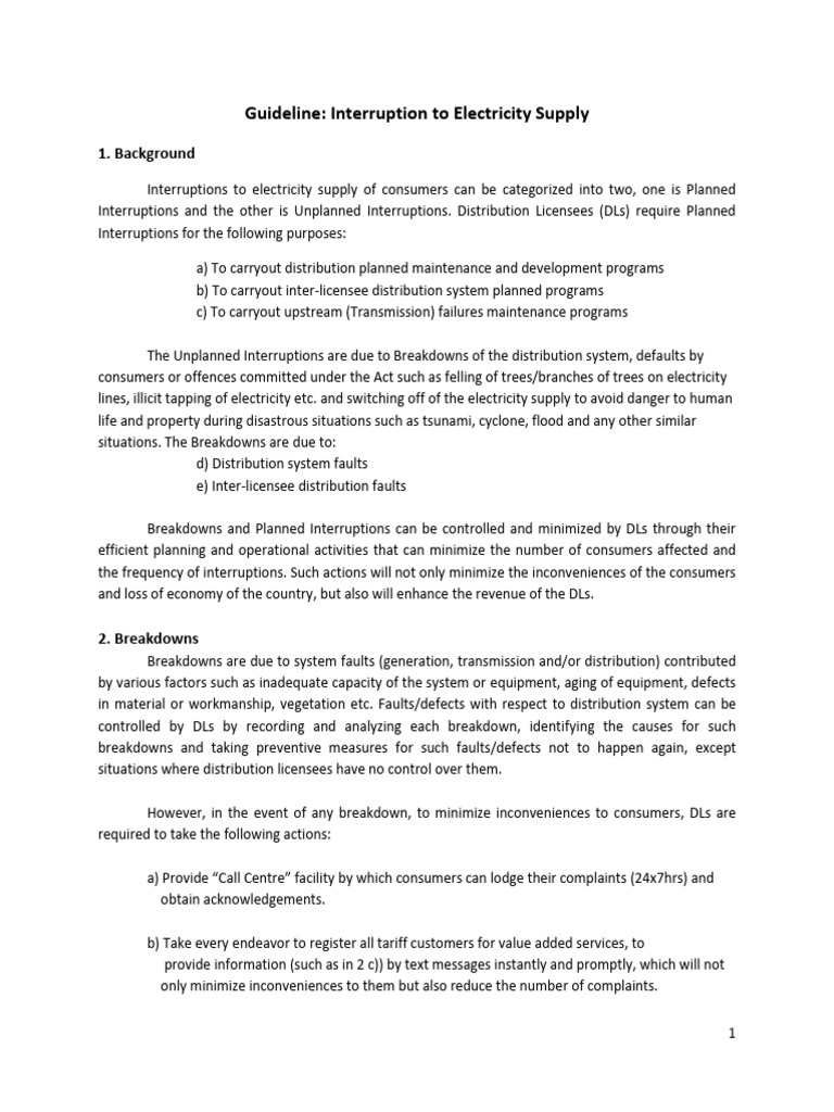 Final Guideline On Interruption To Electricity Supply | PDF