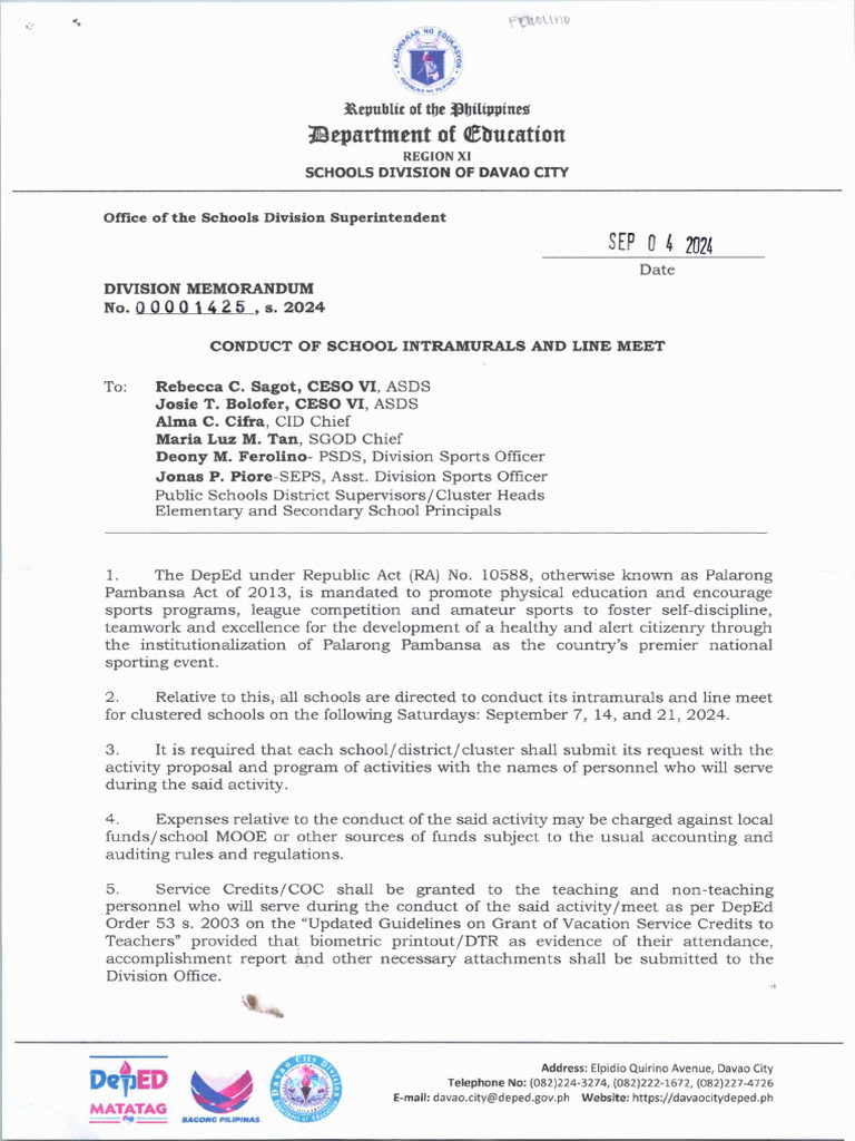 2024 DM No. 1425 CONDUCT OF SCHOOL INTRAMURALS AND LINE MEET | PDF