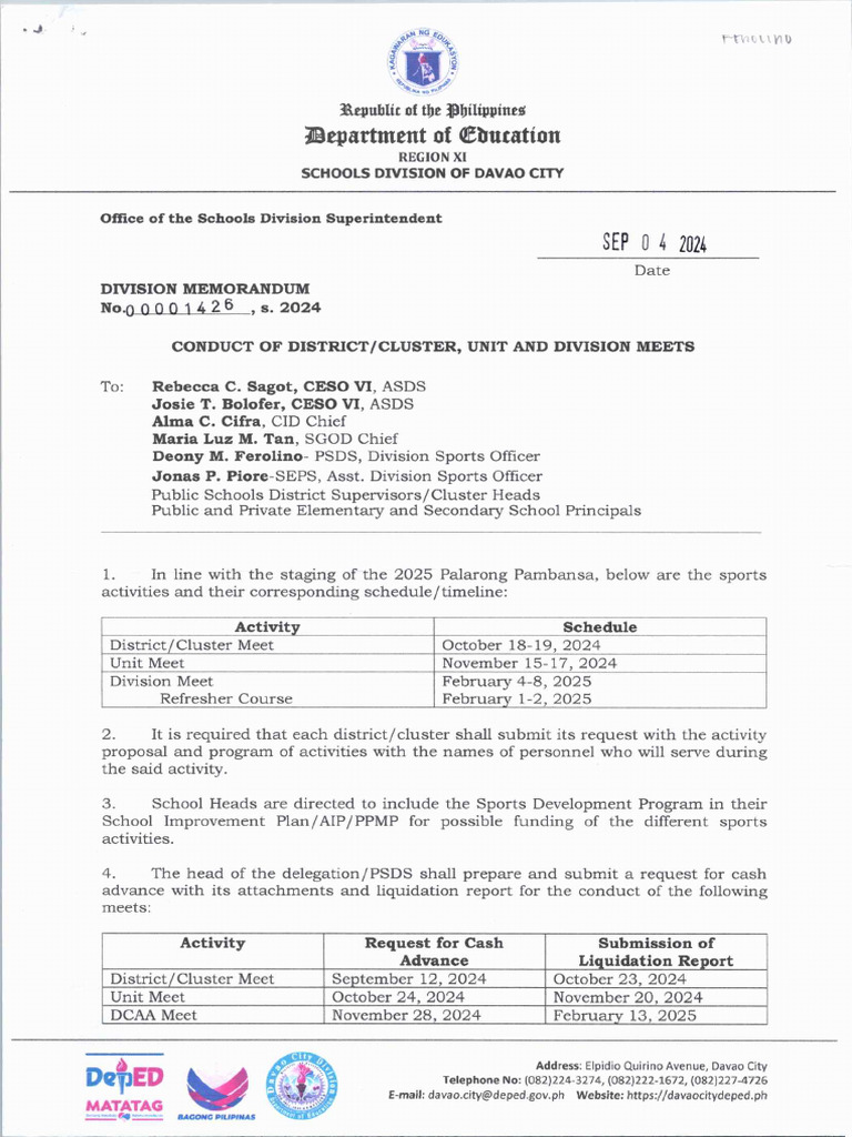 2024 DM No. 1426 CONDUCT OF DISTRICTS CLUSTER UNIT AND DIVISION MEETS | PDF