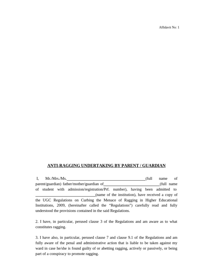 AFFIDAVIT - 01 - Anti-Ragging Undertaking by Parent or Guardian-24 | PDF