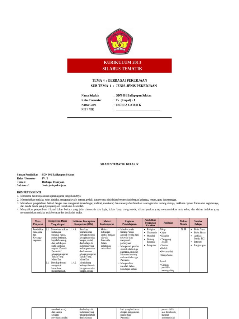 SILABUS Klas 4 TEMA 4 Oke | PDF