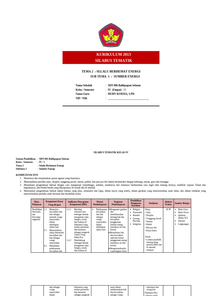 SILABUS klas 4 TEMA 2 oke | PDF