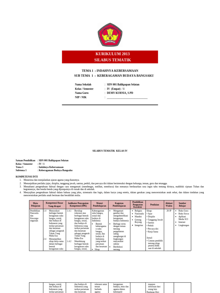 SILABUS Klas 4 TEMA 1 Oke | PDF