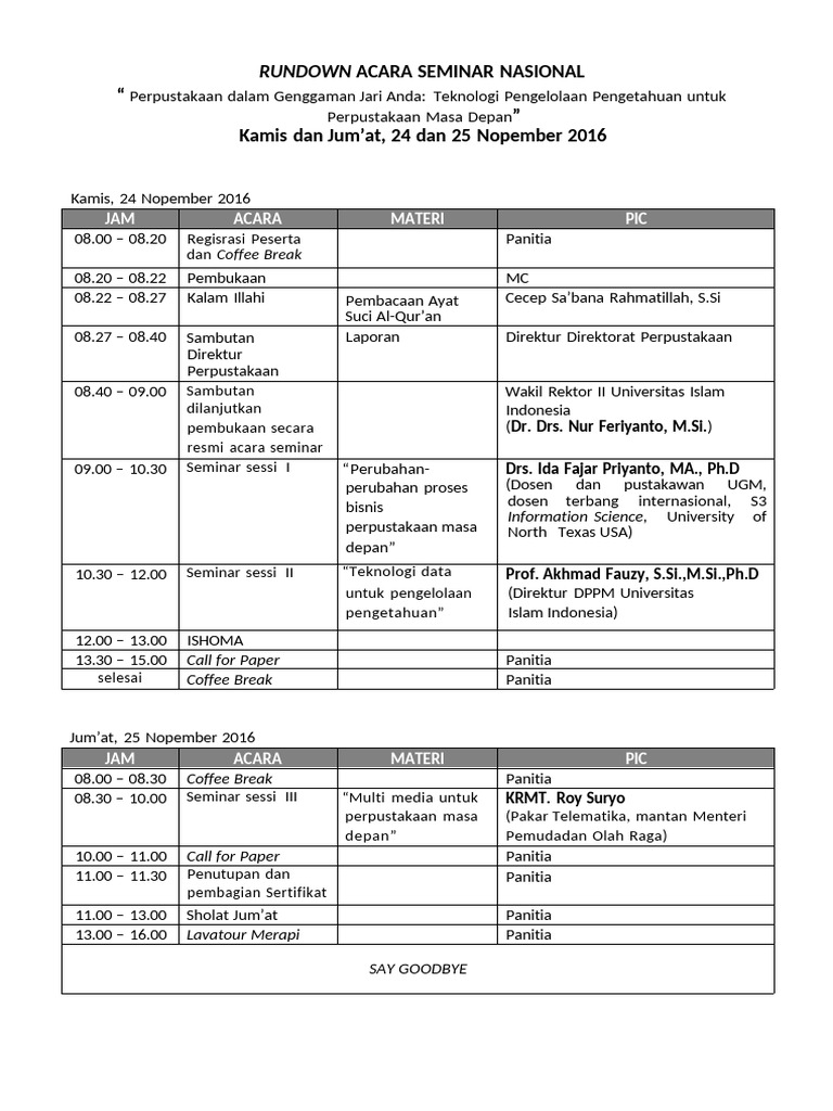 Rencana Susunan Acara Seminar Nasional - 2 | PDF