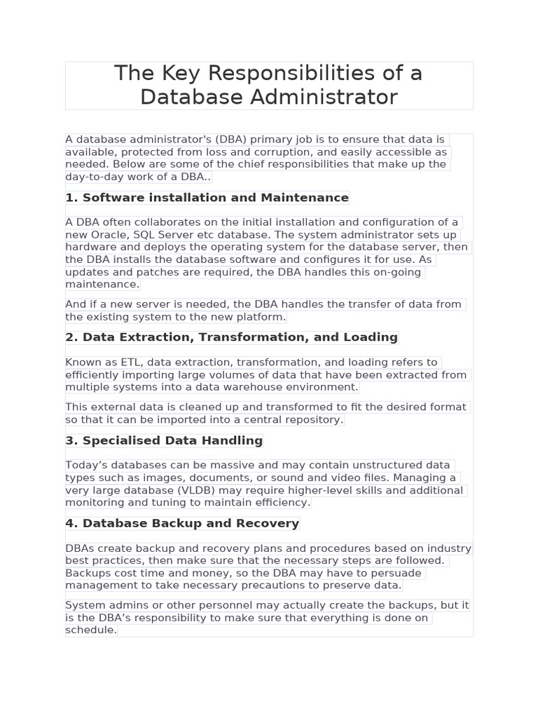 The Key Responsibilities of A Database Administrator | PDF