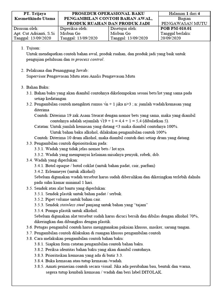 7.1 POB PM-010.01 Pengambilan Contoh Bahan Awal, Produk Ruahan dan Produk jadi | PDF