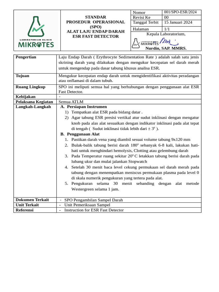 SPO ALAT ESR Fast Detector | PDF
