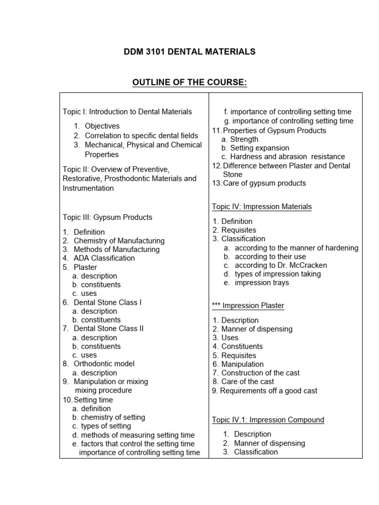 DENTAL MATERIALS Course Outline | PDF