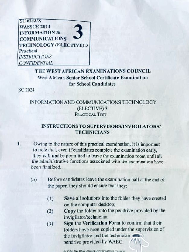 Instructions - Elective ICT 3 (Practical) - WASSCE 2024 | PDF