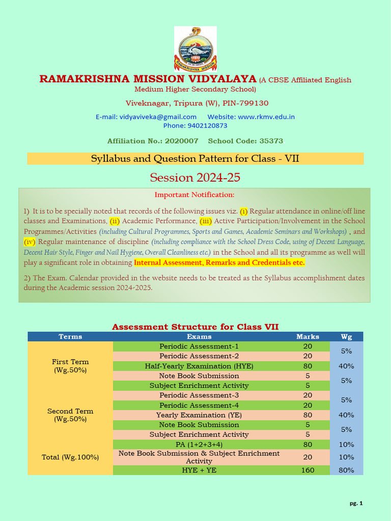 A4 Class 7 Compiled Syllabus and QP 2024 25 | PDF