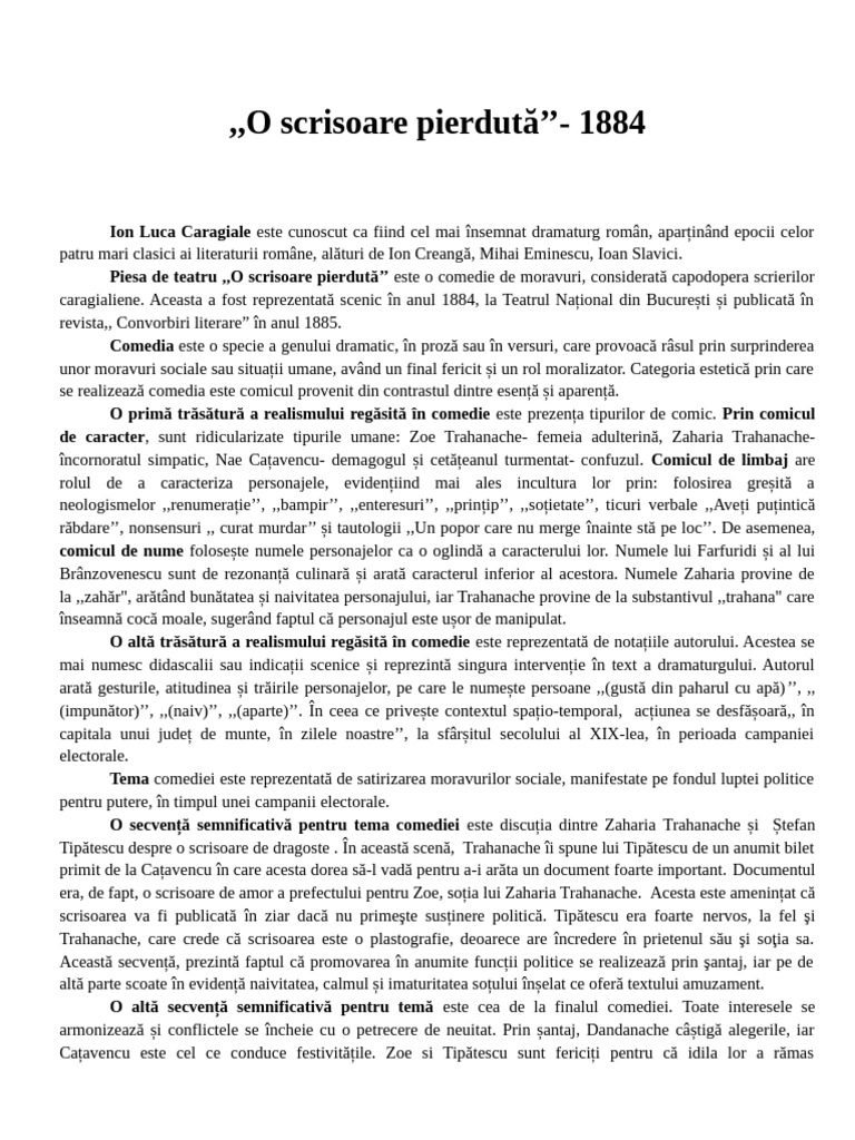 O Scrisoare pierdută-I.L.Caragiale | PDF