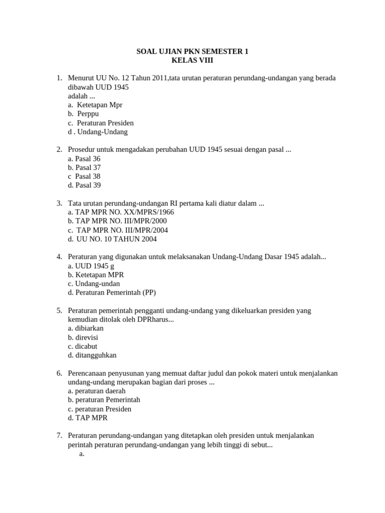 Soal Ujian PKN Semester 1 KLS.8 | PDF