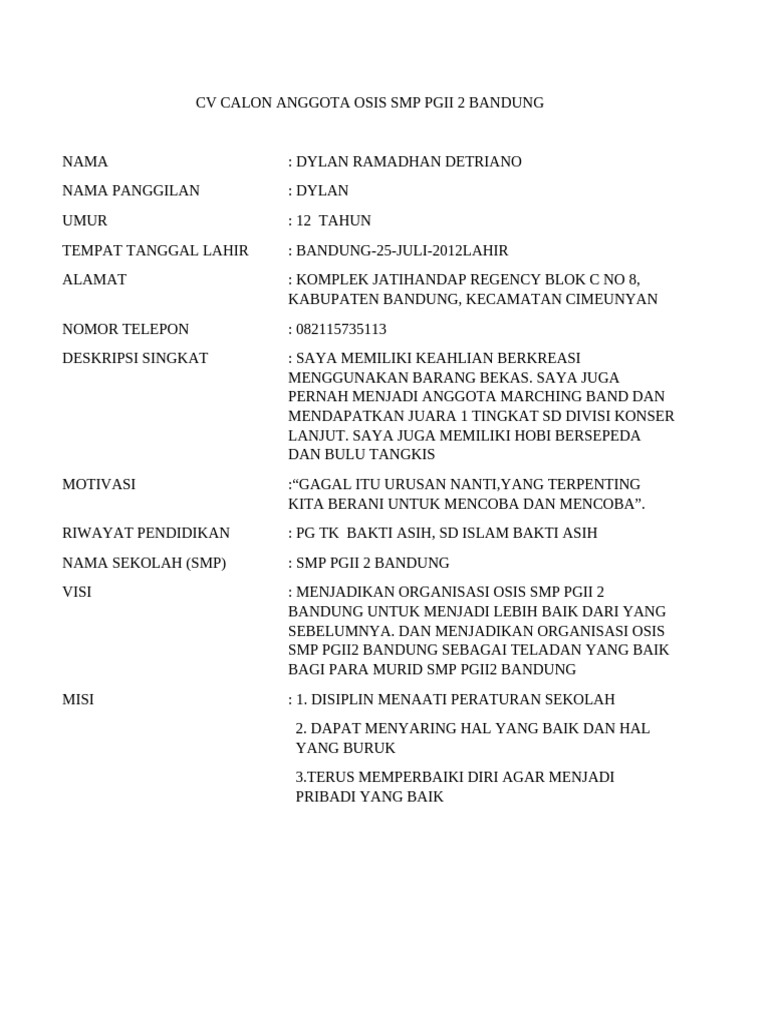 Cv Calon Anggota Osis Smp Pgii 2 Bandung Pdf